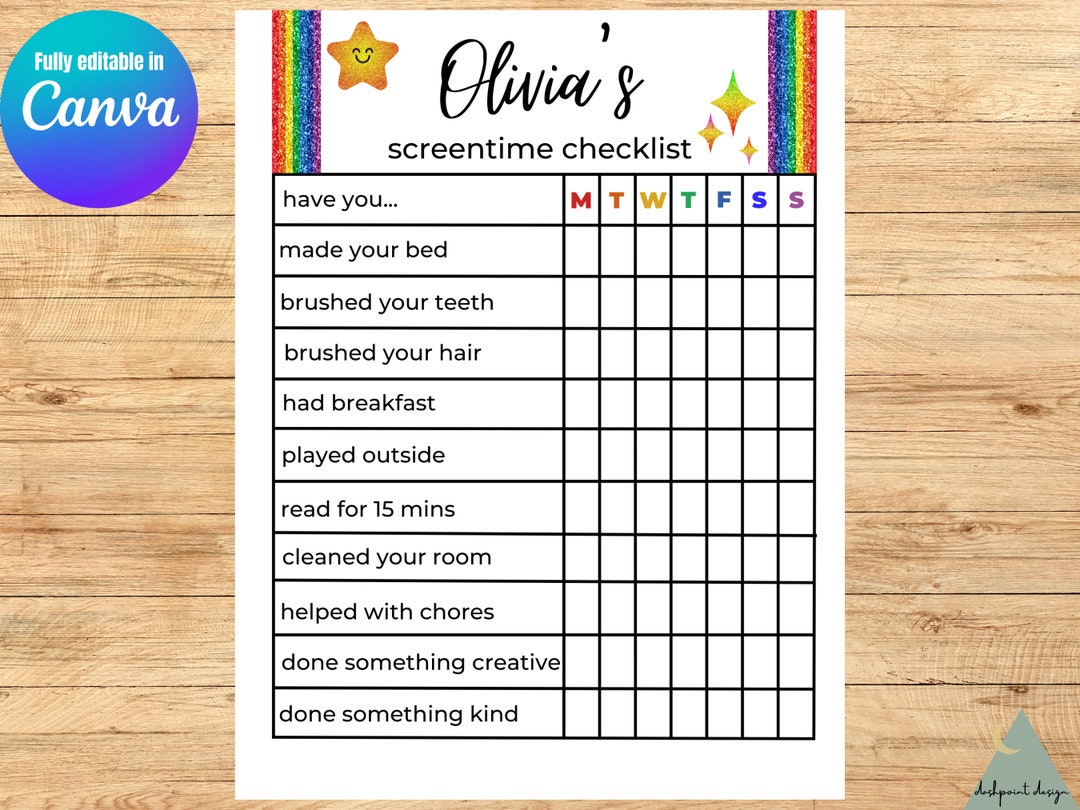 Summer Screentime Checklist Editable, Printable Screentime Task Chart ...