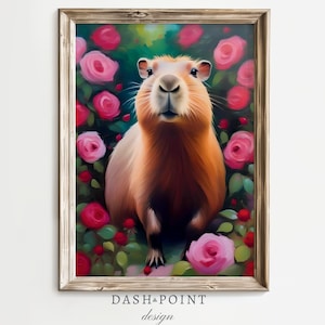 Capybara in Rose Garden Wall Art, Vintage Style Oil Painting Art ...