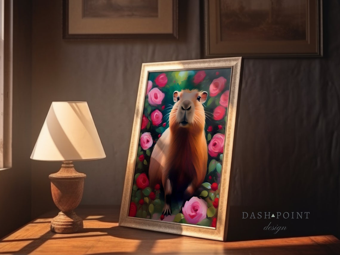 Capybara in Rose Garden Wall Art, Vintage Style Oil Painting Art ...