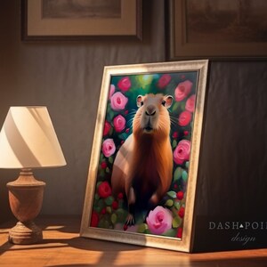 Capybara in Rose Garden Wall Art, Vintage Style Oil Painting Art ...
