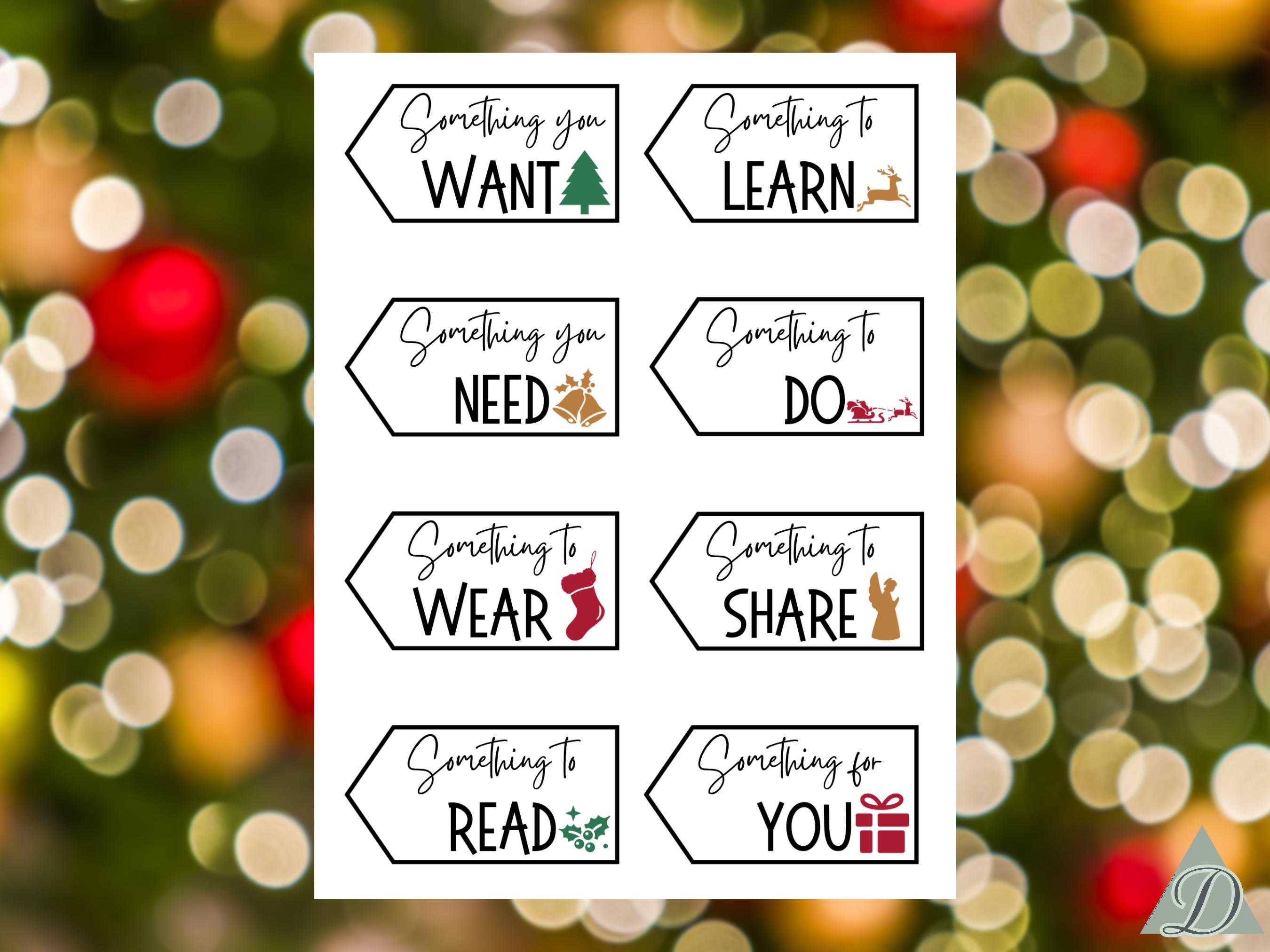 Want, Need, Wear, Read Printable Christmas Gift Tags, Christmas Present ...
