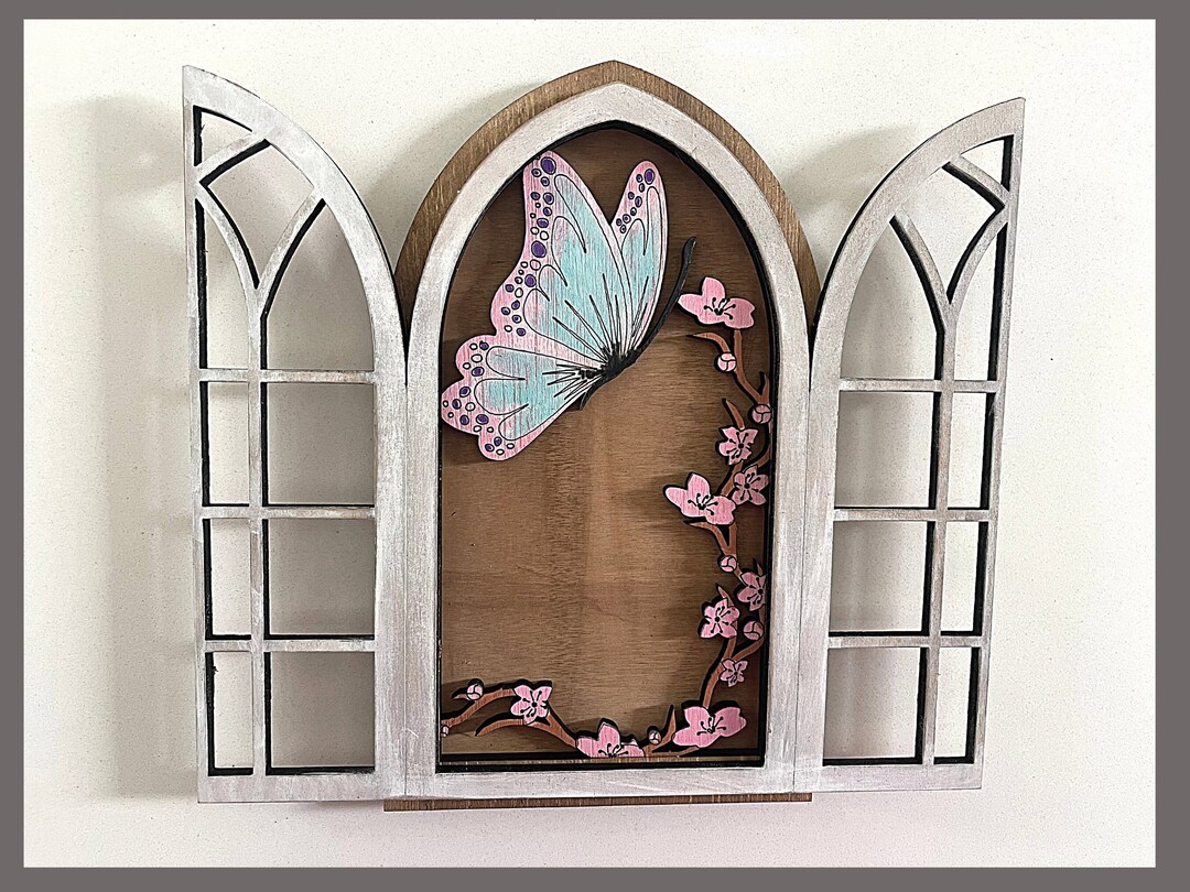 Butterfly Cherry Blossom Open Window Frame Sign Svg, Butterfly Sign Svg ...