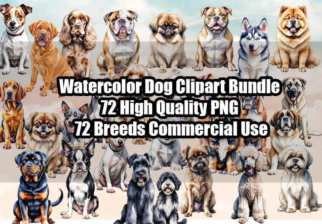 Dog Watercolor Clipart Bundle-3, 72 High Quality Vibrant PNG Dog ...