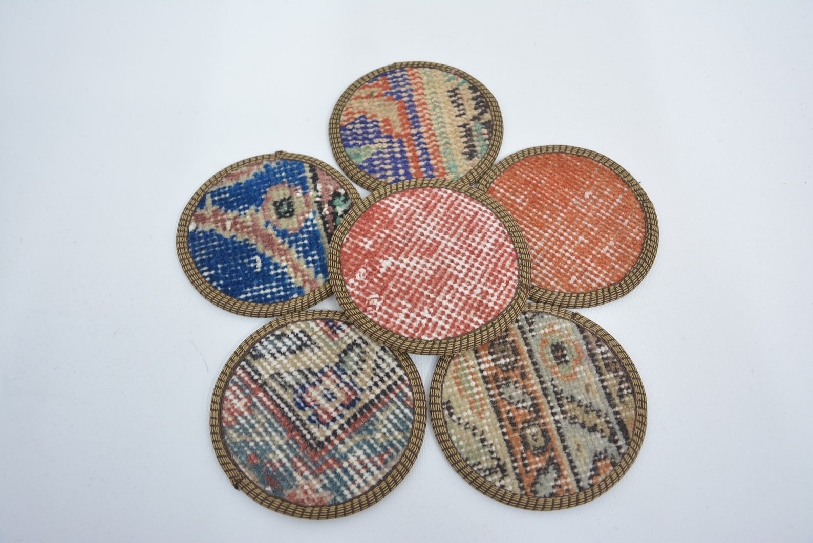 Kilim Coaster, Set of Six, Drink Coaster, Coffee Cup Pad, Round Coaster ...