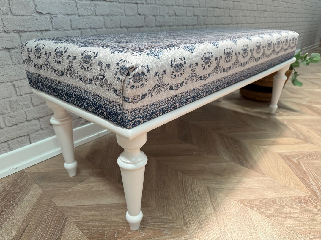Blue Bench, Blue and White Furniture, Modern Bench, Floral Pattern ...
