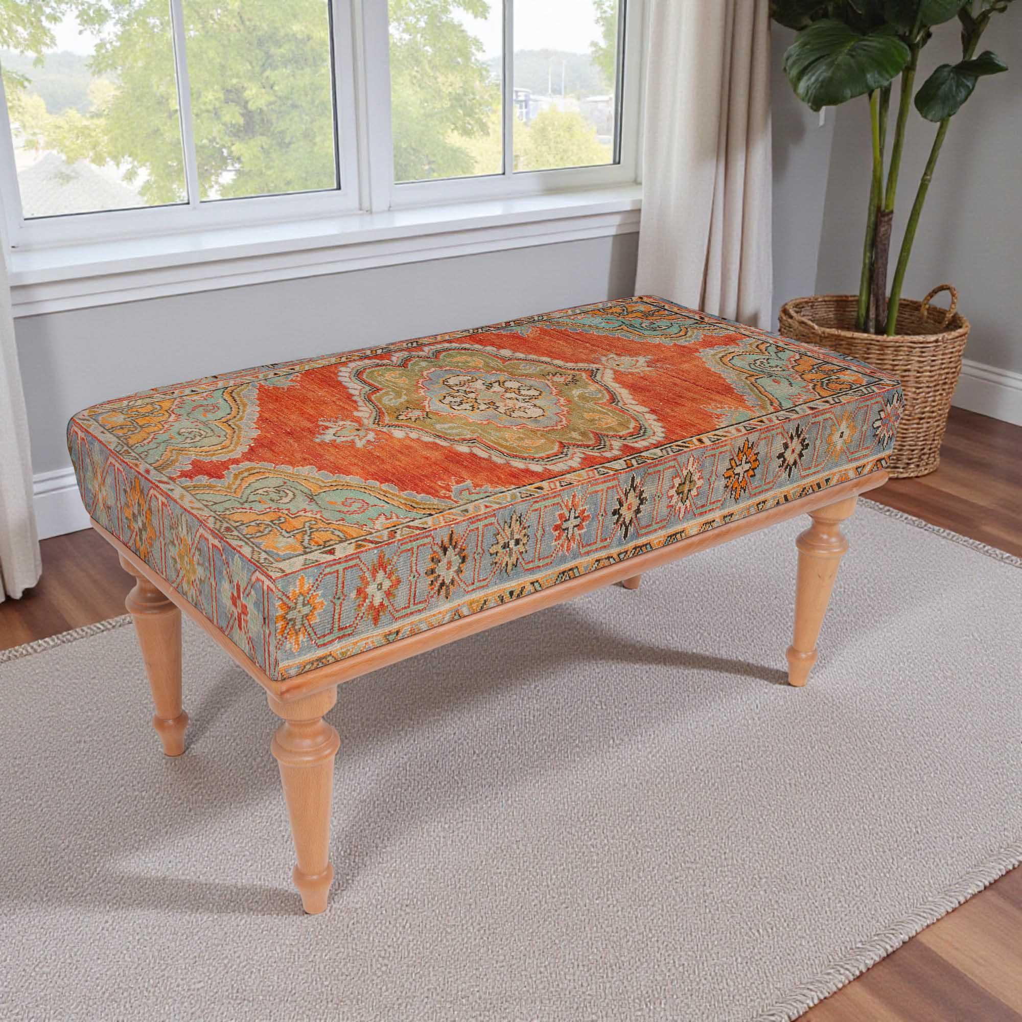 Persian Style Bench, Long Rectangular Bench, Turkish Rug Bench, Wood ...