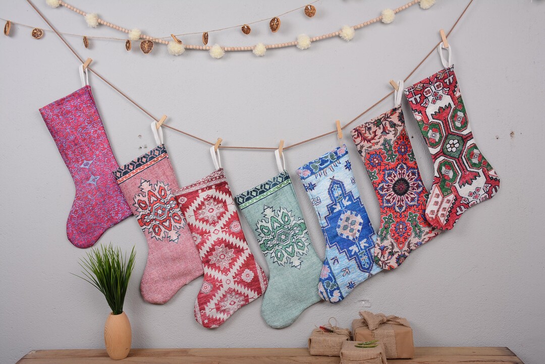 Rustic Christmas Stocking, Vintage Kilim Pattern Stocking, Handmade ...