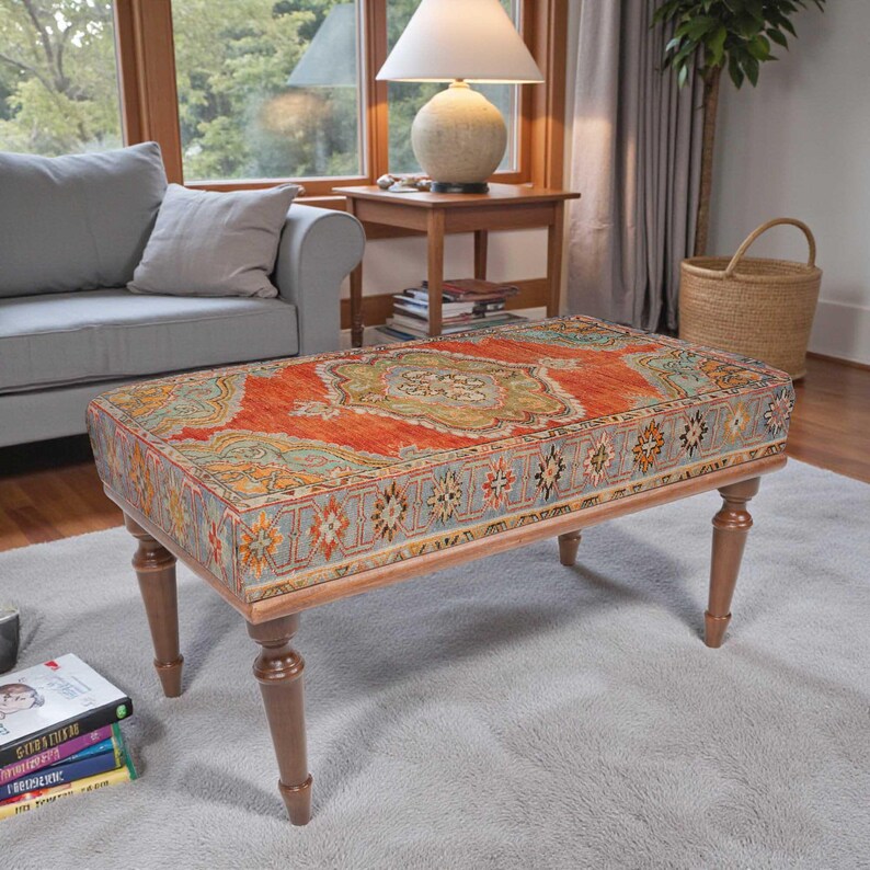 Persian Style Bench, Long Rectangular Bench, Turkish Rug Bench, Wood ...