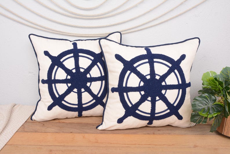Nautical Pillow Cover 16x16, Navy Blue Ship Wheel Cushion, Handmade ...