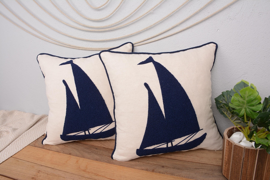 16x16 Navy Sailboat Pillow Cover, Nautical Cushion 40x40 Cm, Coastal ...
