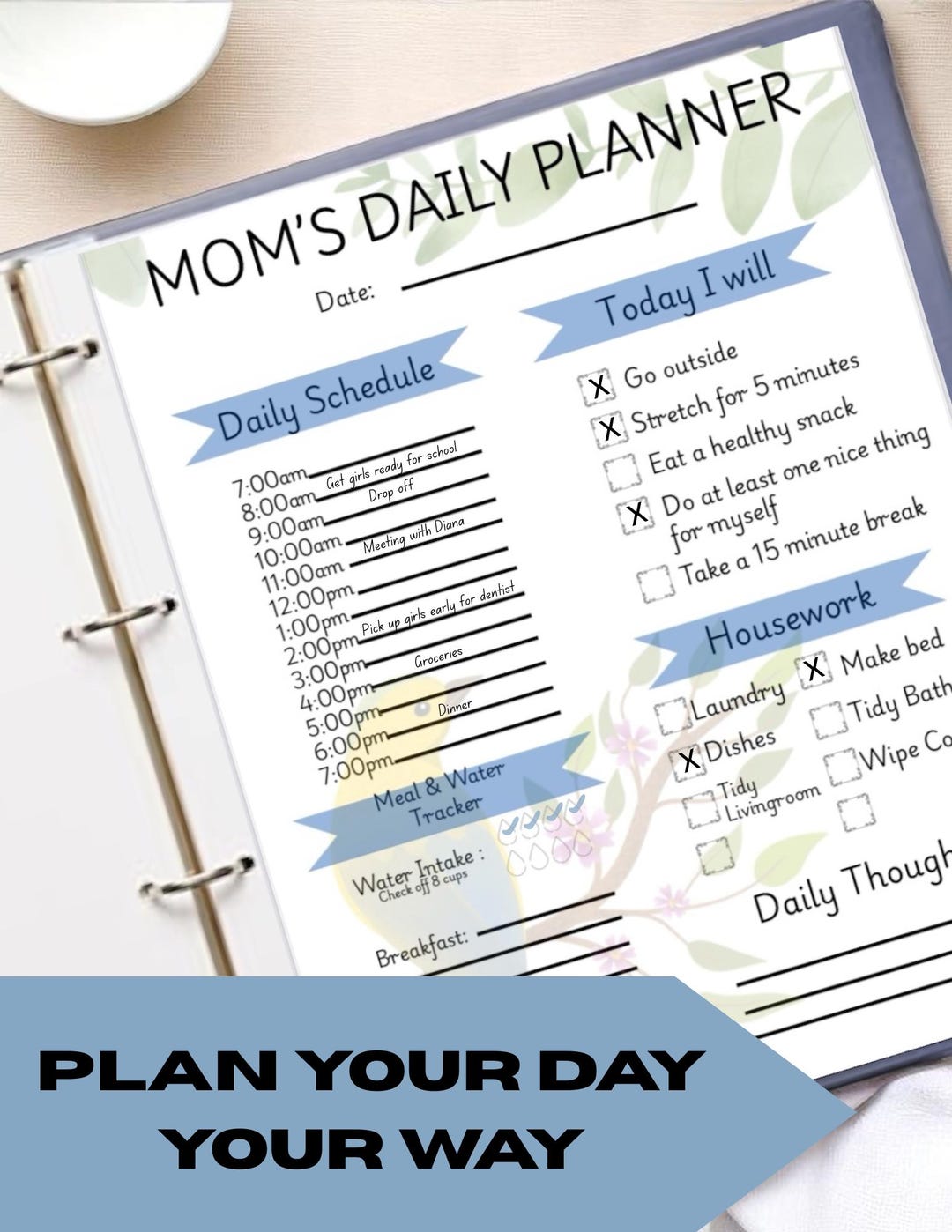 Mom’s Daily Planner Printable. Track Water Intake, Meals, Schedule ...