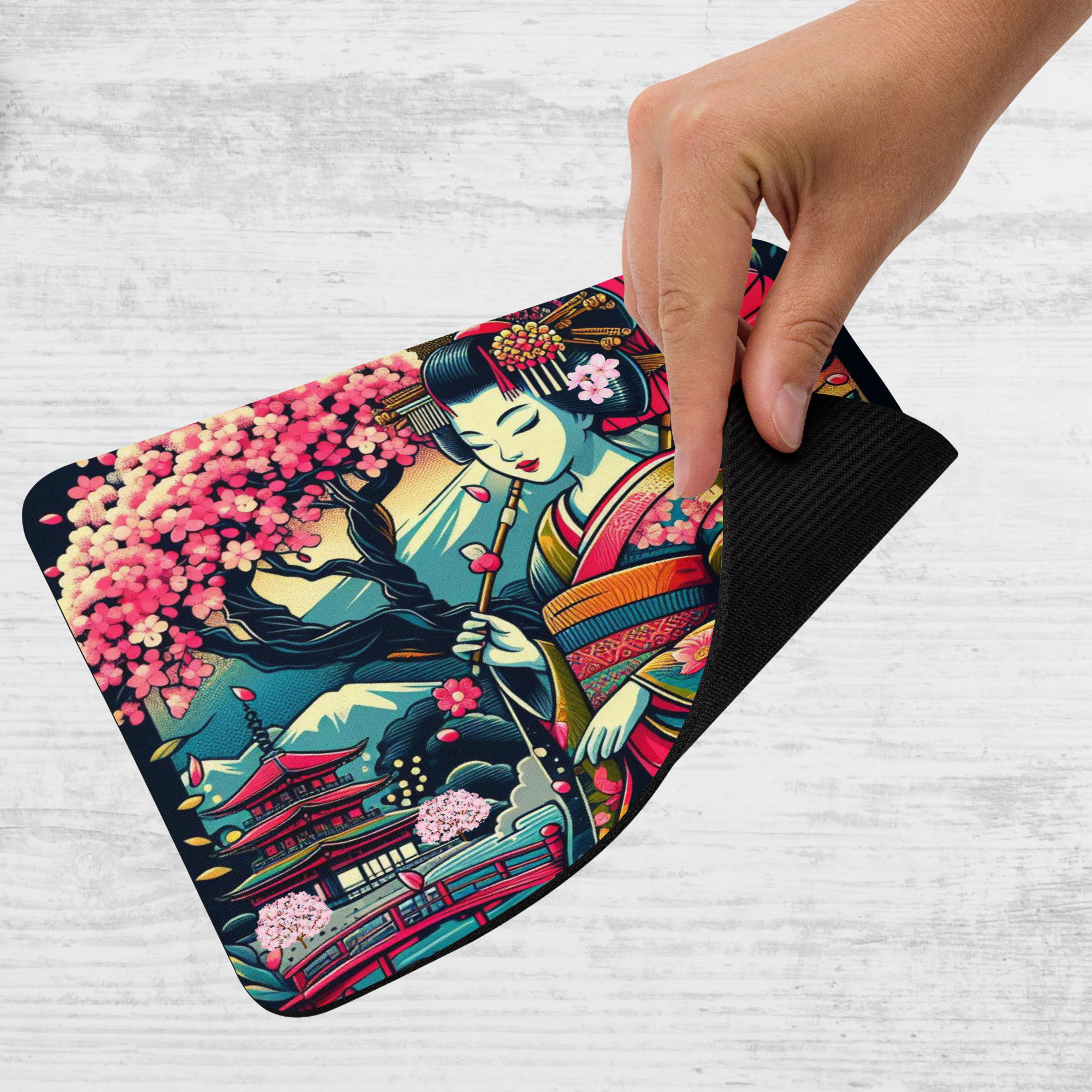 Beautiful Japanese Geisha, Temple and Cherry Blossom Tree Mouse Pad ...