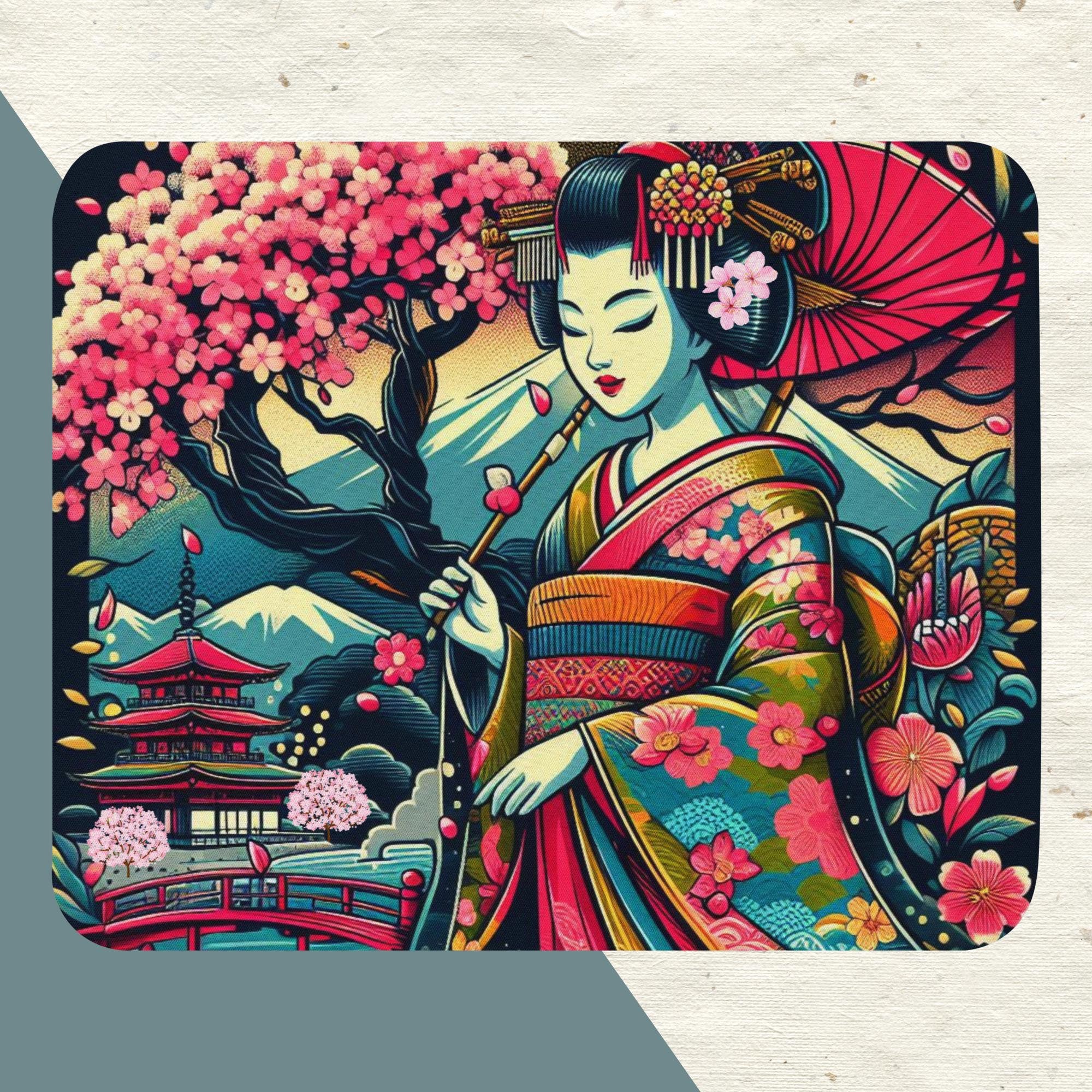 Beautiful Japanese Geisha, Temple and Cherry Blossom Tree Mouse Pad ...