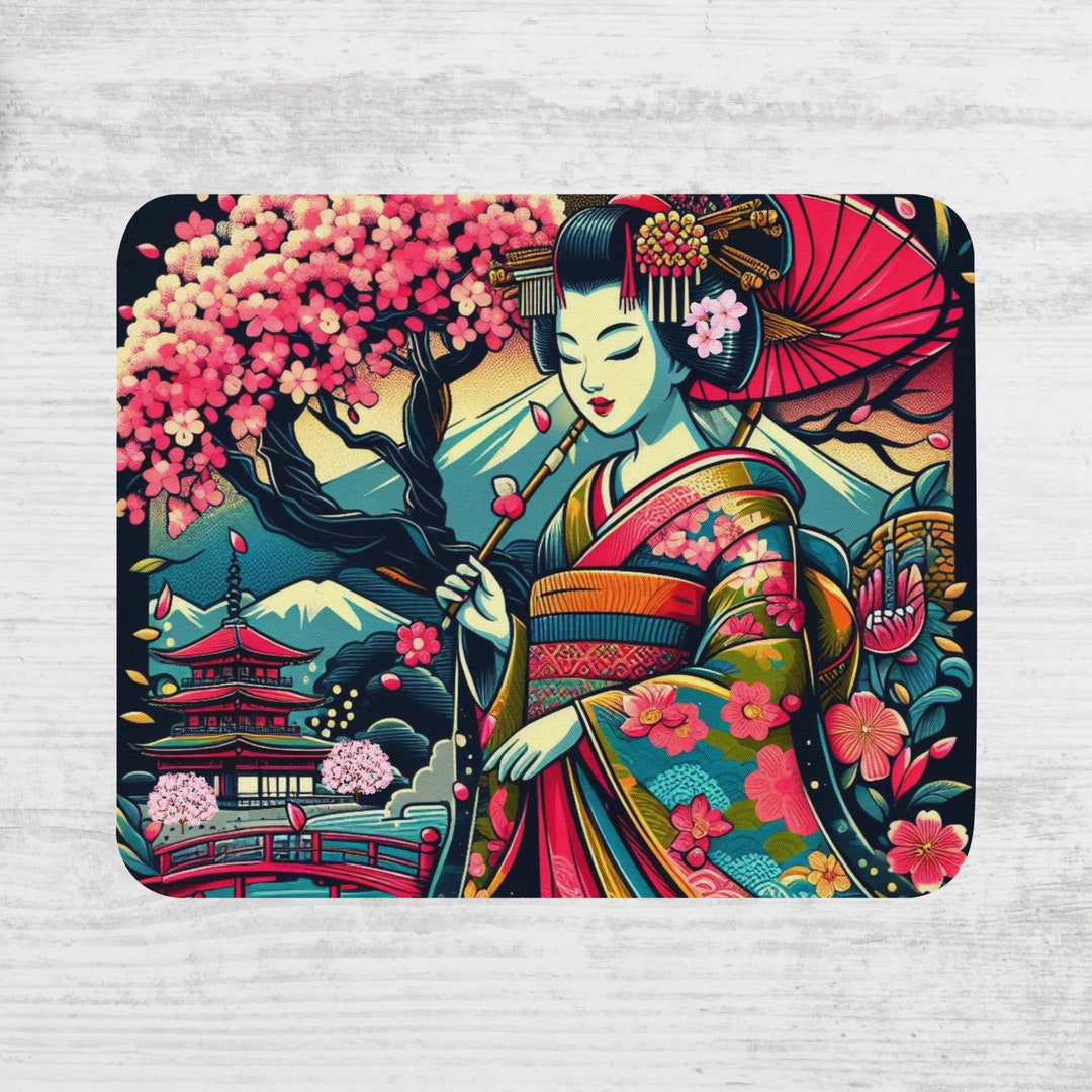 Beautiful Japanese Geisha, Temple and Cherry Blossom Tree Mouse Pad ...