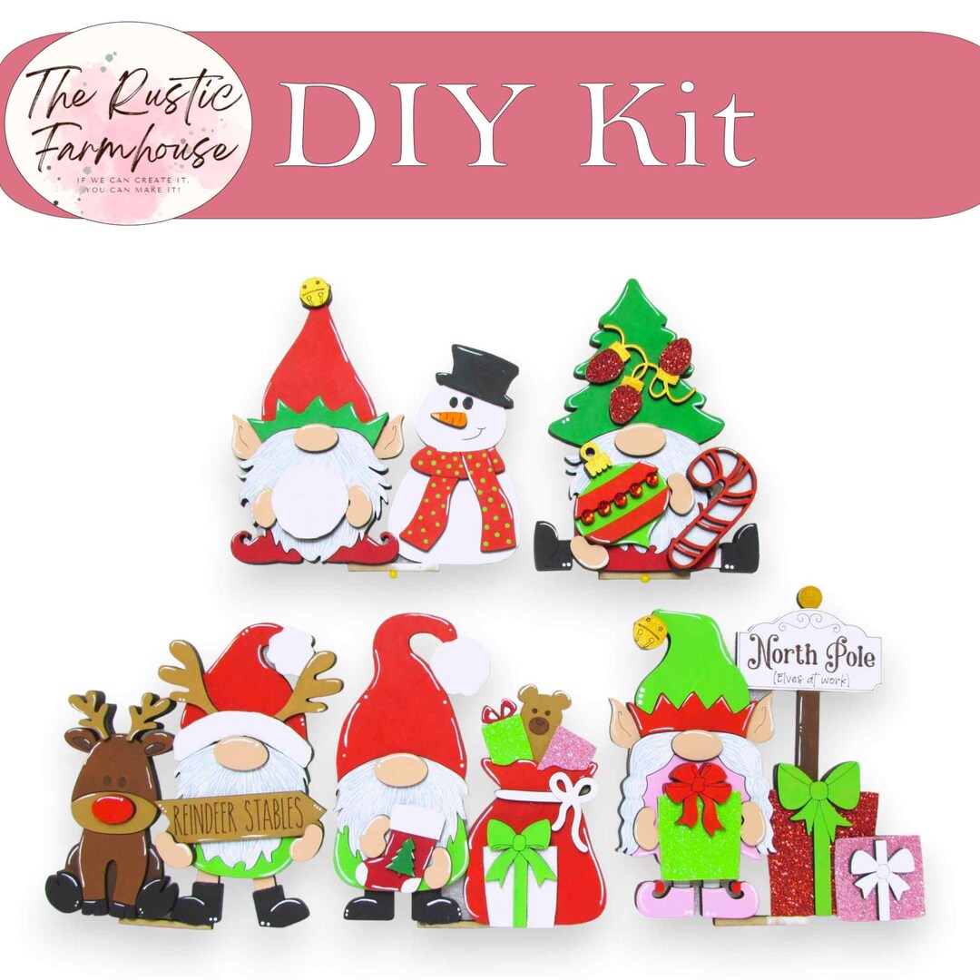 Santa and Crew Standing Gnomes Shelf Sitter, DIY Gnome Kit, Tiered Tray ...