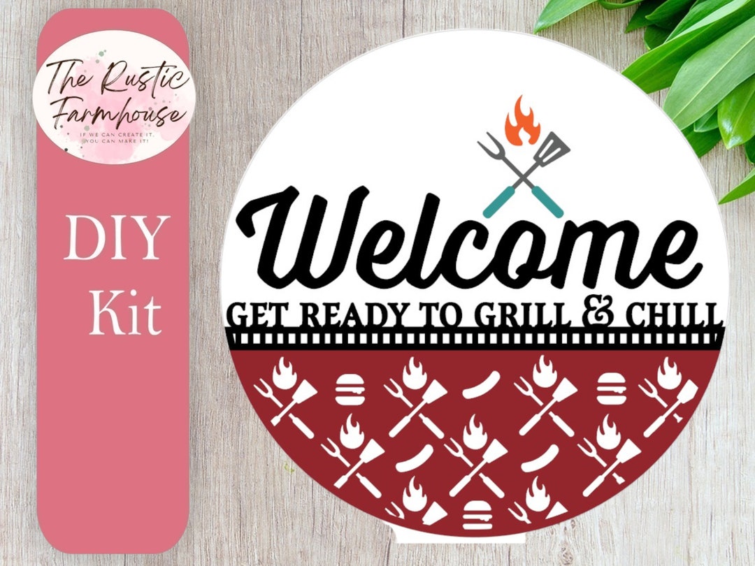 Welcome Grill and Chill Door Hanger, Unfinished Barbecue DIY Wood Kit ...