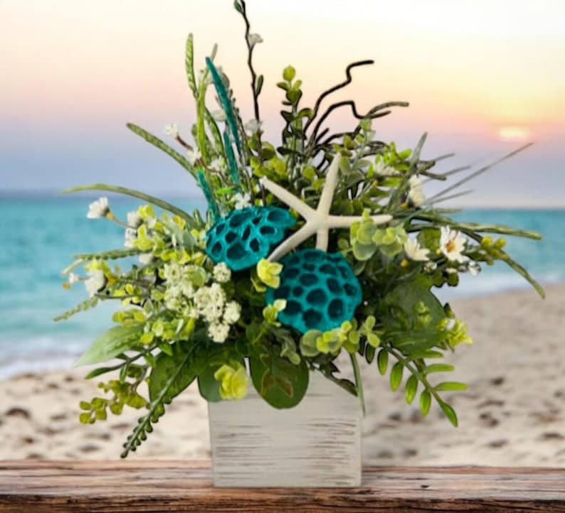 Beach Themed Table Arrangement, Coastal Floral Gift - Etsy