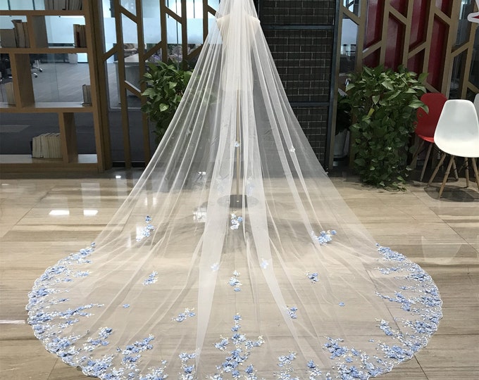 Blue Wildflower Veil, 3d Flower Veil, Embroidered Floral Veil, Boho ...