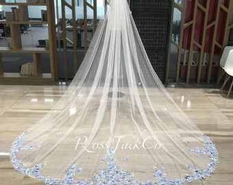 Fairy Blue Flowery Lace Bridal Veil, Blue Flower Wedding Veil, Soft ...