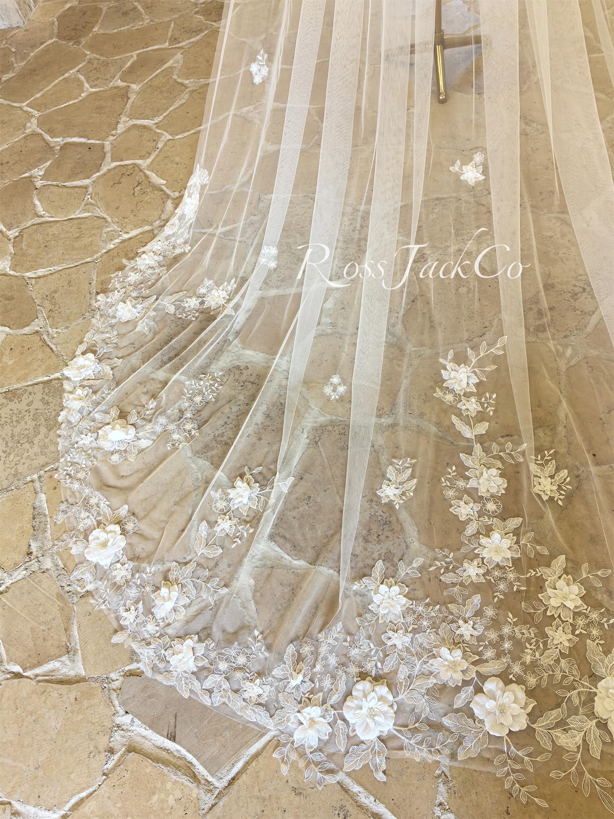 Fairy Ivory 3D Flower Veil, Embroidered Flower Pearl Core Wedding Veil ...
