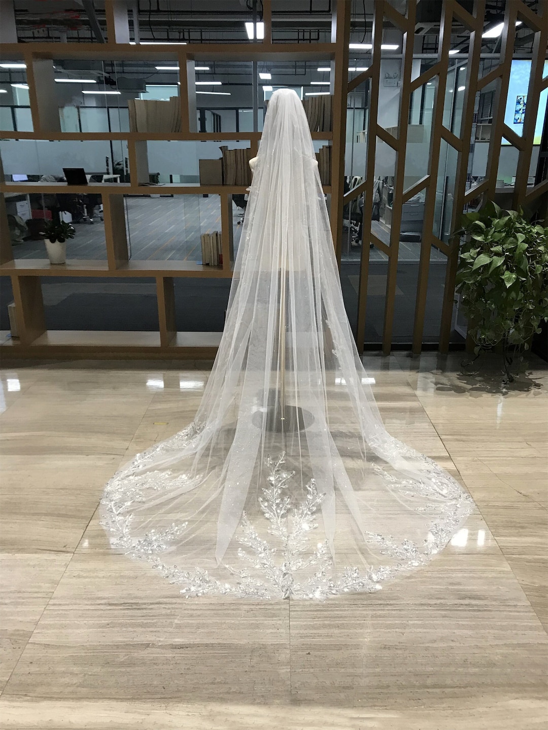 Glitter Bridal Veil 3D Beads Plants Flowers, Soft Tulle Ivory Bridal ...
