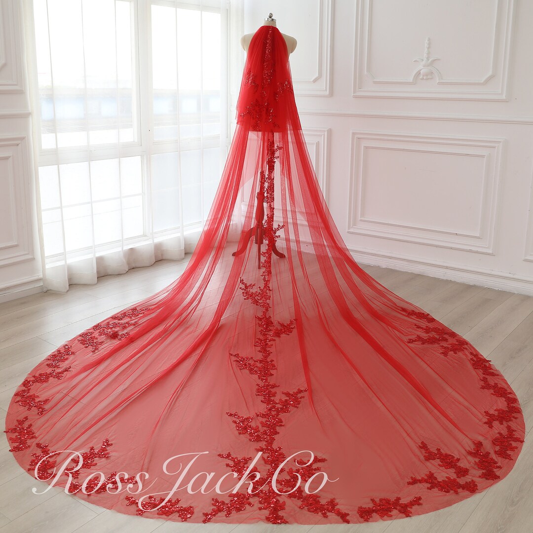 Red Bridal Veil Cathedral Length With Comb, Mystic Red Bridal Veil 1 ...