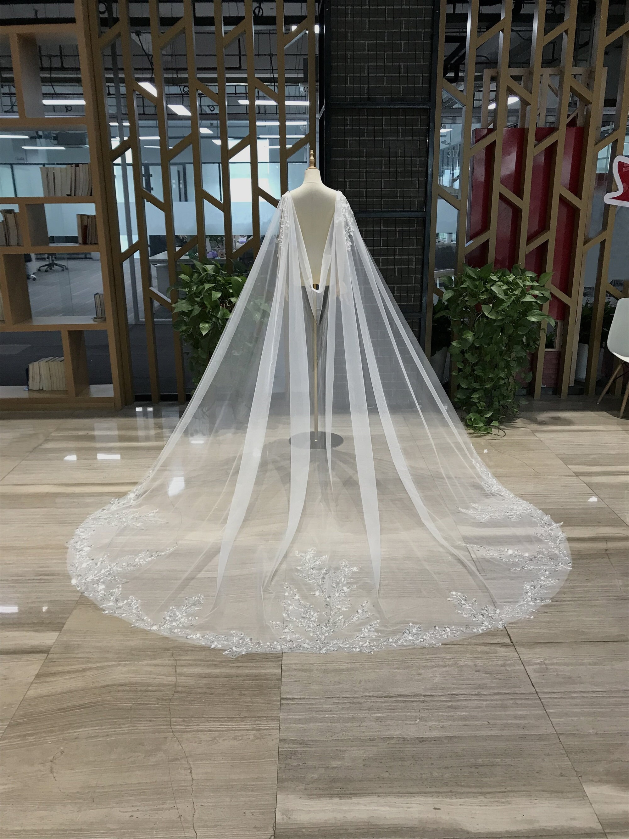 Flowy Bridal Cape With 3D Beads Plants, Soft Tulle Ivory Bridal Cape ...