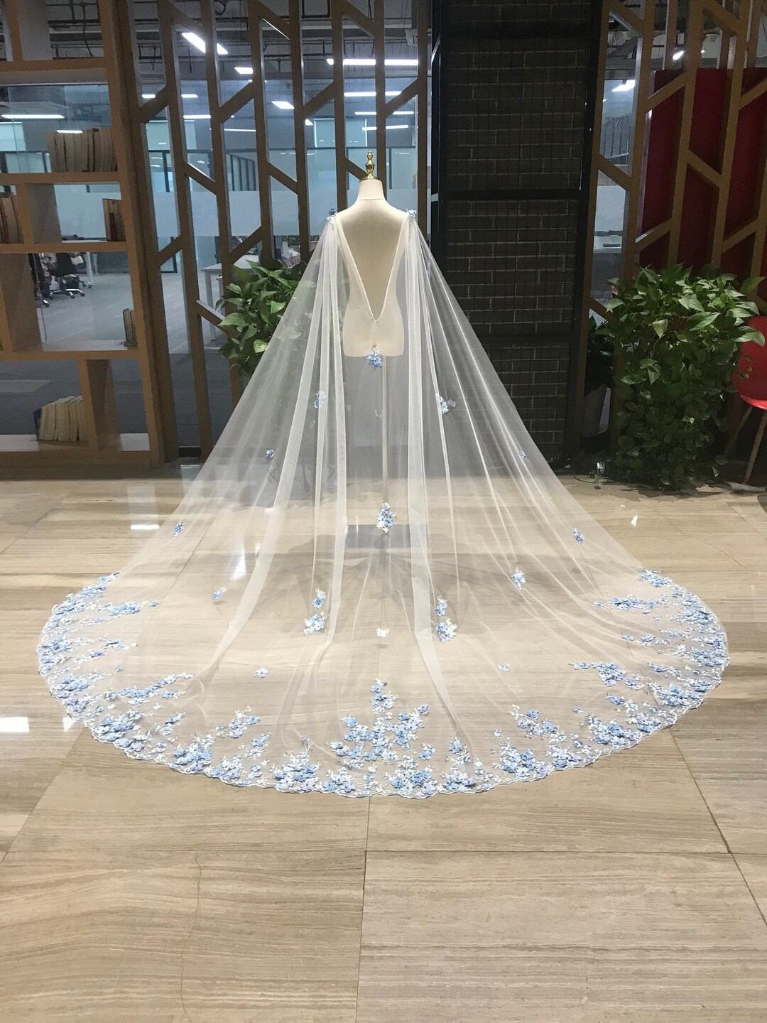 Bridal Cape With Fairy Blue Lace Floral, Blue Flower Wedding Cape, Soft ...