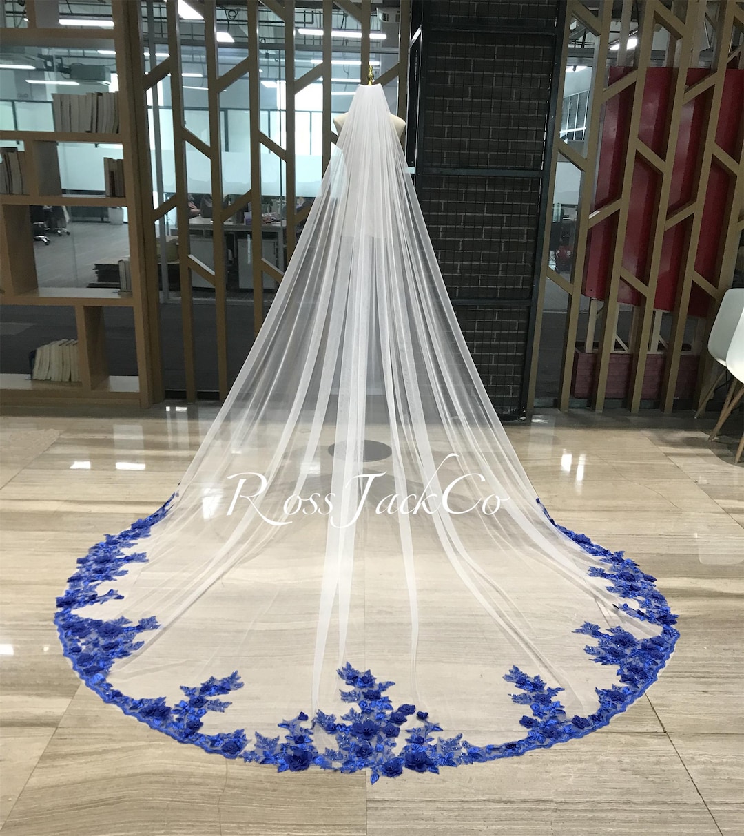 Royal Blue Flower Bridal Veil, Soft Tulle Wedding Veil, Blue 3d Flower ...