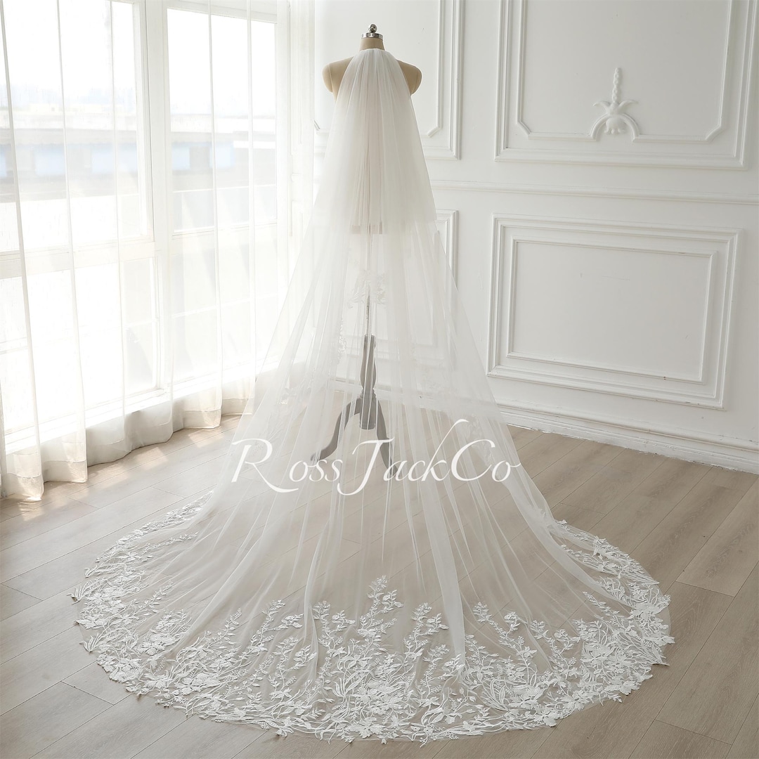 Vintage Embroidered Floral Lace Soft Tulle Lace Bridal Wedding Veil ...