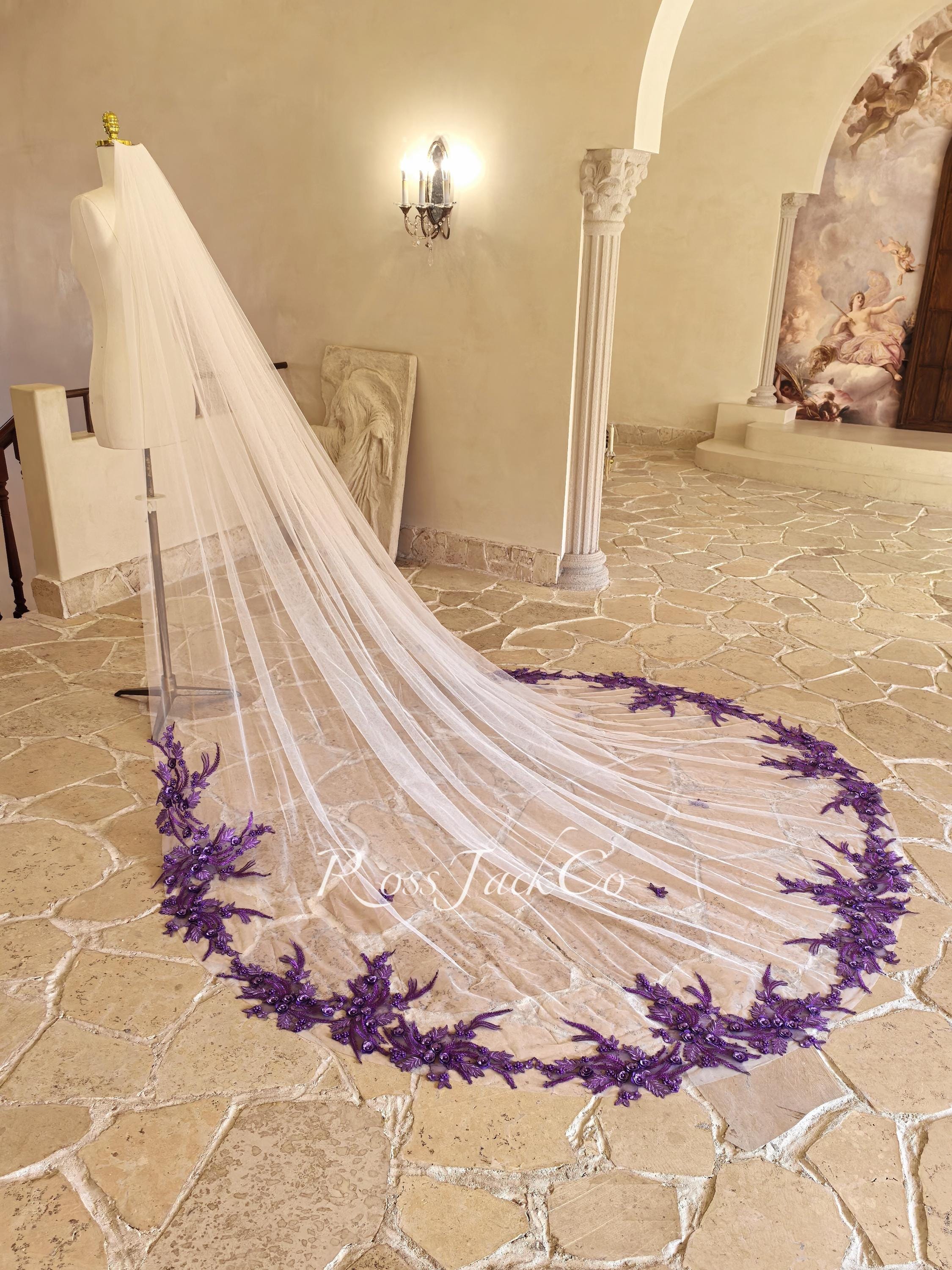Bridal Veil Purple Pearl Floral, Fairy Violet Flower Wedding Veil Soft ...