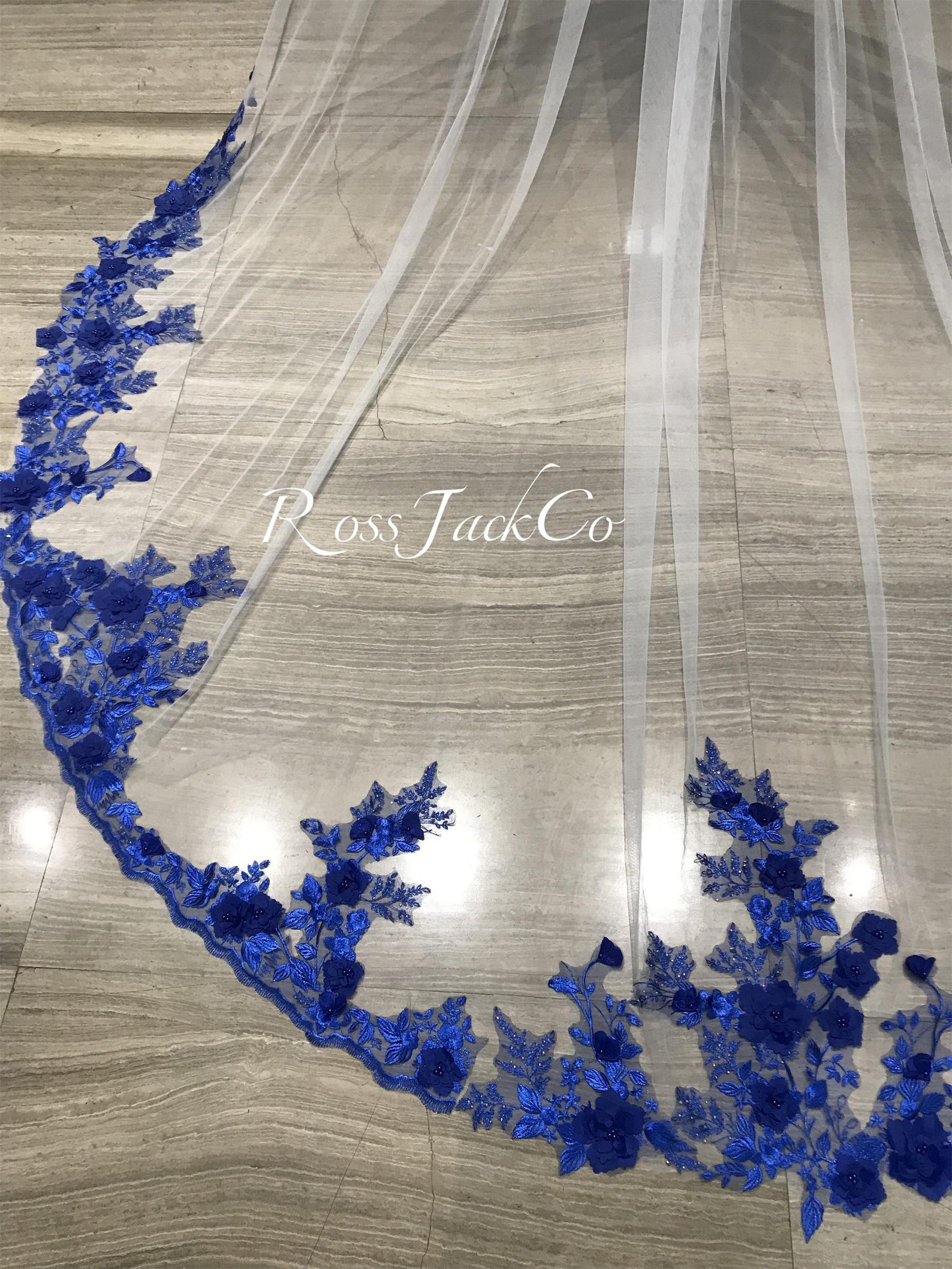Royal Blue Flower Bridal Veil, Soft Tulle Wedding Veil, Blue 3d Flower ...