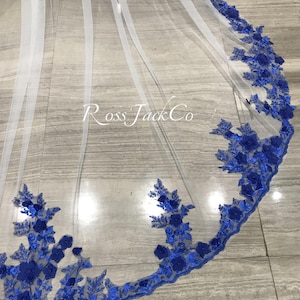 Royal Blue Flower Bridal Veil, Soft Tulle Wedding Veil, Blue 3d Flower ...