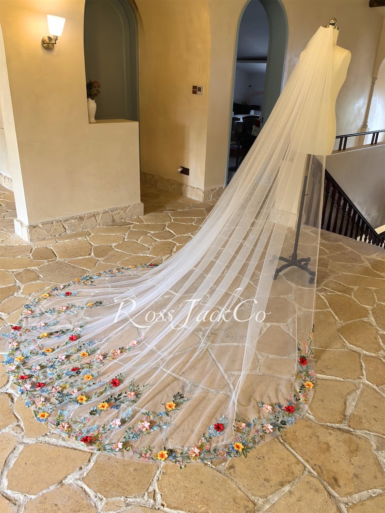 3D Wildflower Wedding Veil, Super Fairy Colorful Lace Bridal Veil, Blue ...