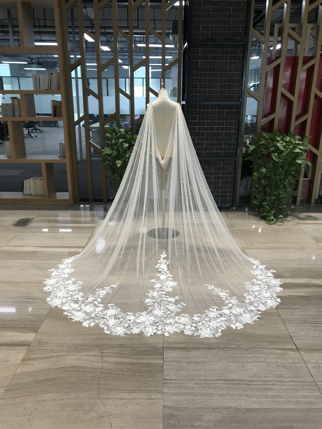 3D Flowers Bridal Cape, Fairy Lace Flower Cape With Pearls, Soft Tulle ...
