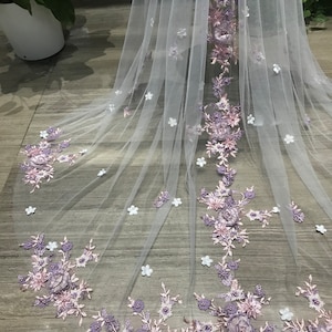Veil Bridal Purple Pearl 3D Scattered Florals, Pink Floral Lace Wedding ...