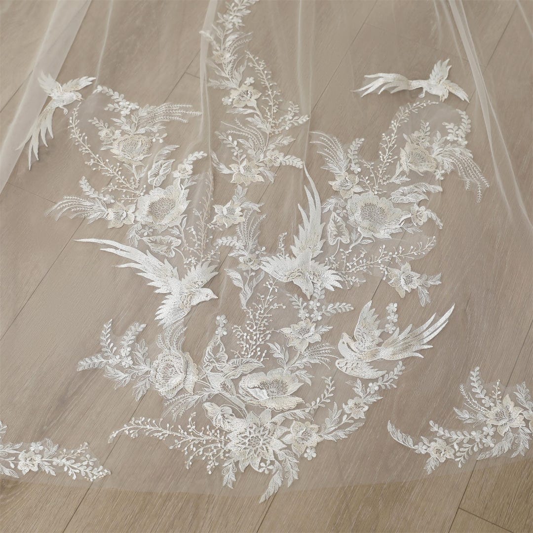 Embroidered Flowers and Birds Wedding Veil, Veil Wedding Cathedral, Two ...