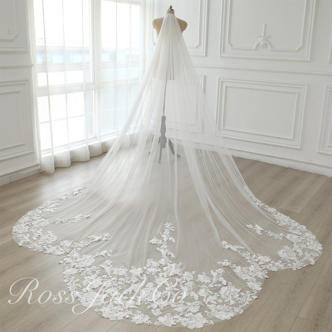 Luxury Large Trailing Fishtail Veil, Velvet Lace Flower Decorative ...