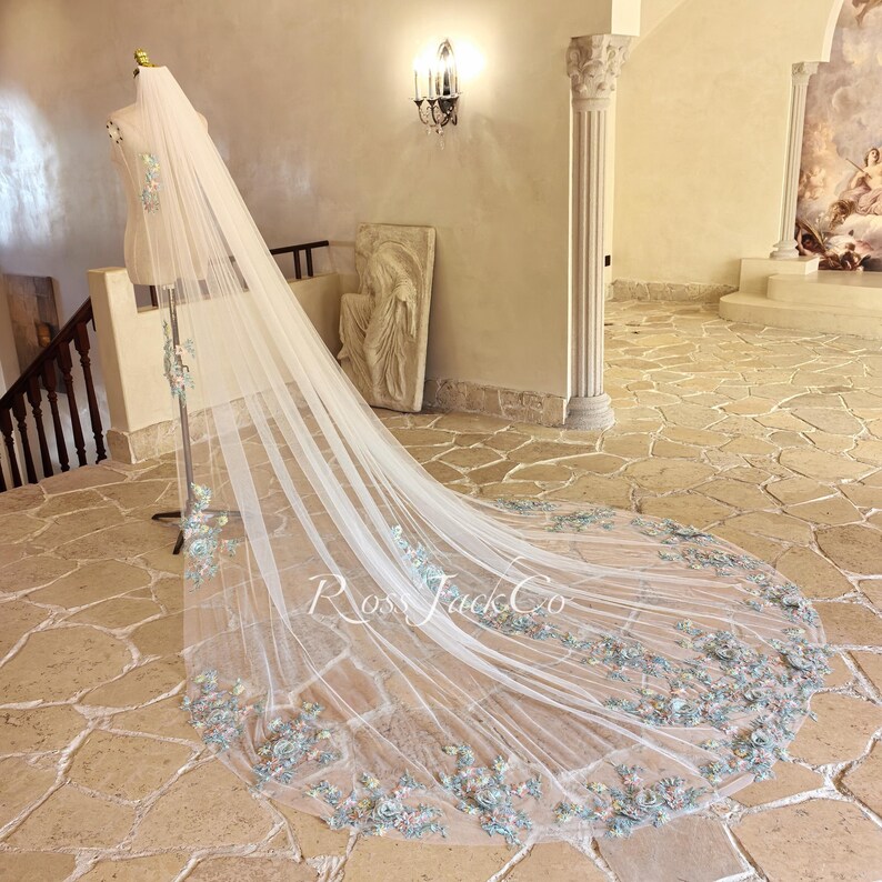 Fresh Green Orange 3d Flower Bridal Veil, Soft Tulle Ivory Tulle Bridal ...