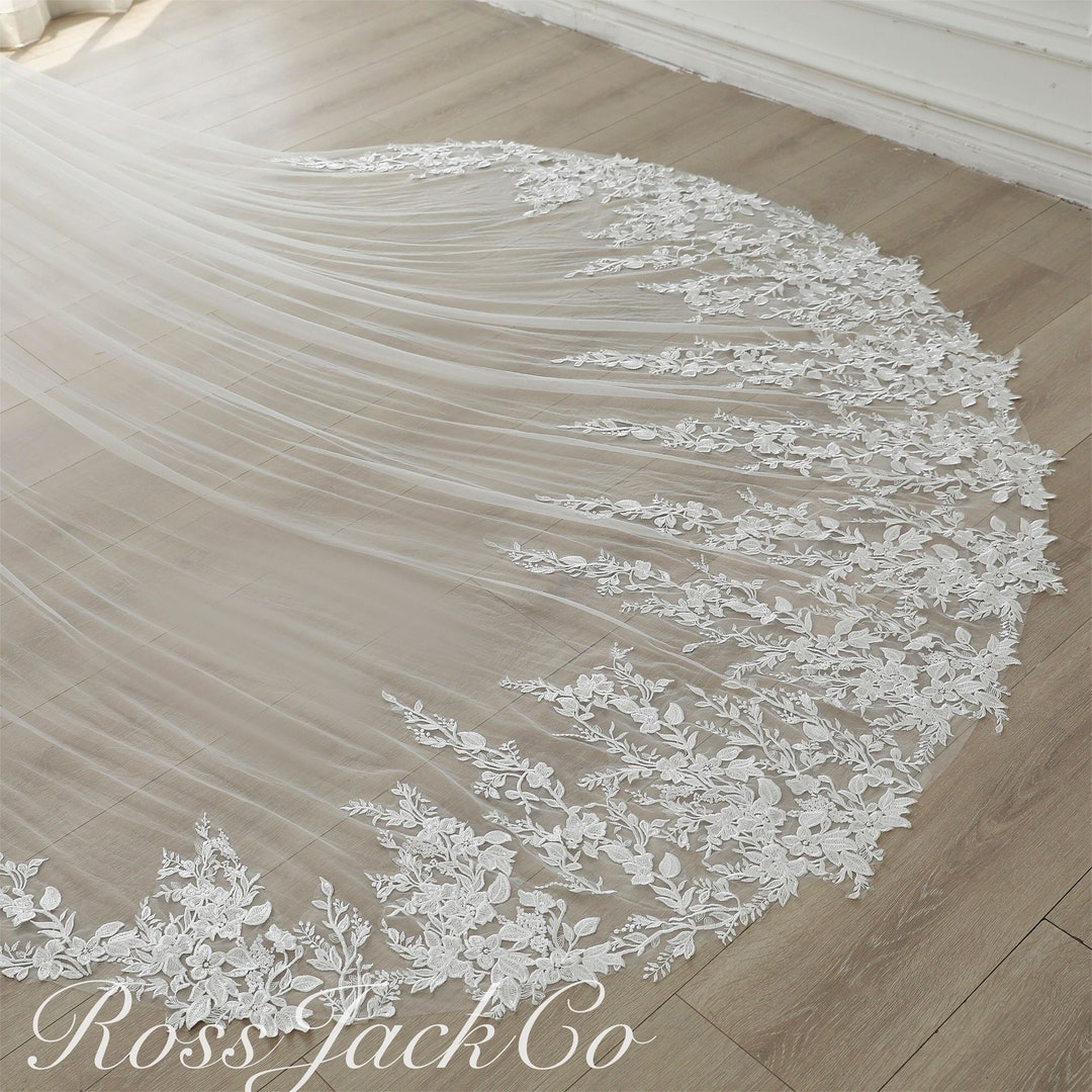 Classic Hand Embroidered Floral Soft Tulle Lace Wedding Veil 1 Tier ...