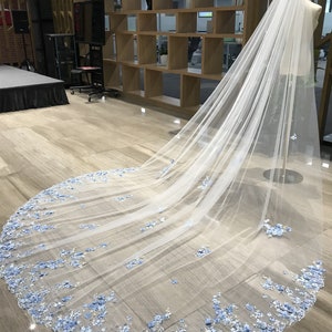 Bridal Veil With Fairy Blue Lace Floral Blue Flower Wedding Veil Soft ...