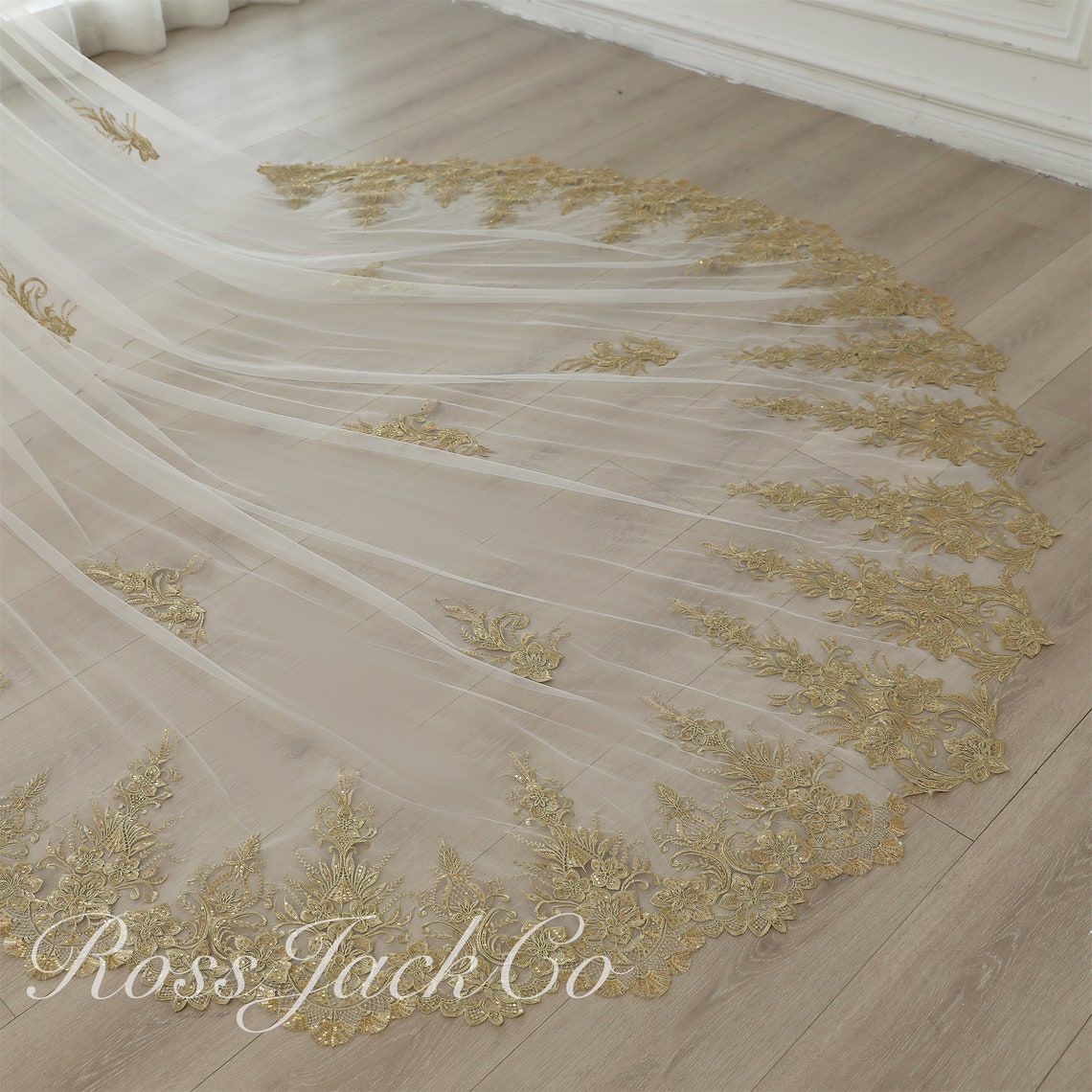 Golden Lace Trim Veil Wedding Cathedral, Shinny Lace Flower Veil With ...