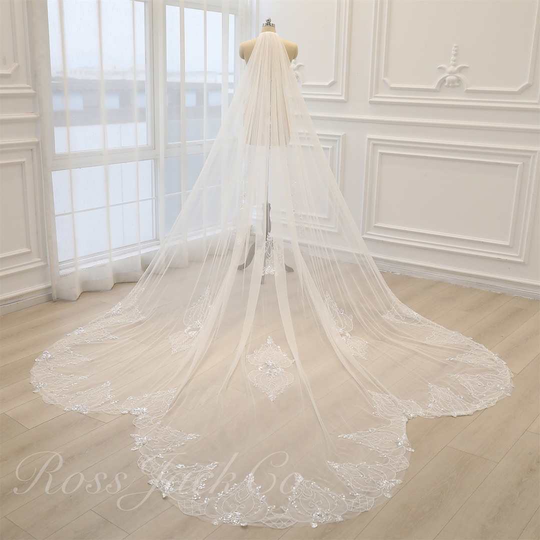Veil Wedding Irregular Fish Tail, 1 Tier Long Bridal Veil Beaded Flower ...