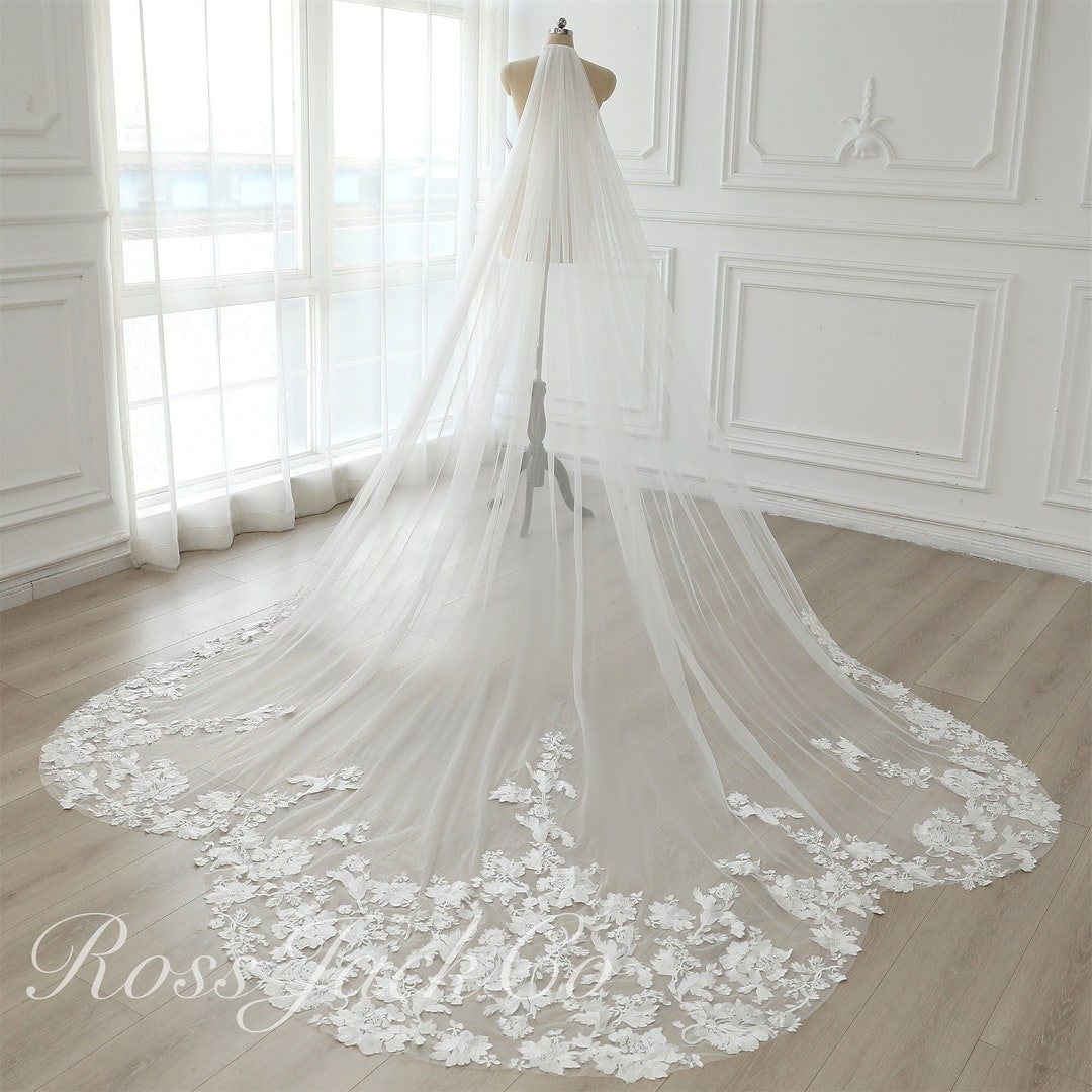Luxury Large Trailing Fishtail Veil, Velvet Lace Flower Decorative ...