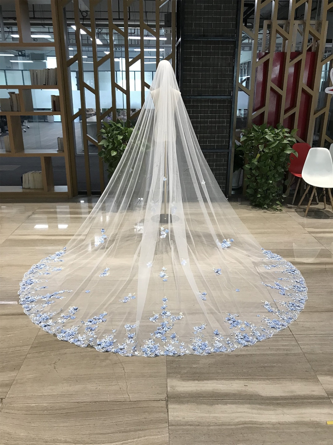 Bridal Veil With Fairy Blue Lace Floral Blue Flower Wedding Veil Soft ...