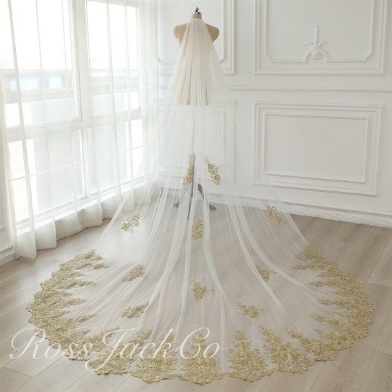 Golden Lace Trim Veil Wedding Cathedral Shinny Lace Flower Veil With Zircon ivory Veil With Golden Lace Flower Trim Bridal Veil Chapel Etsy