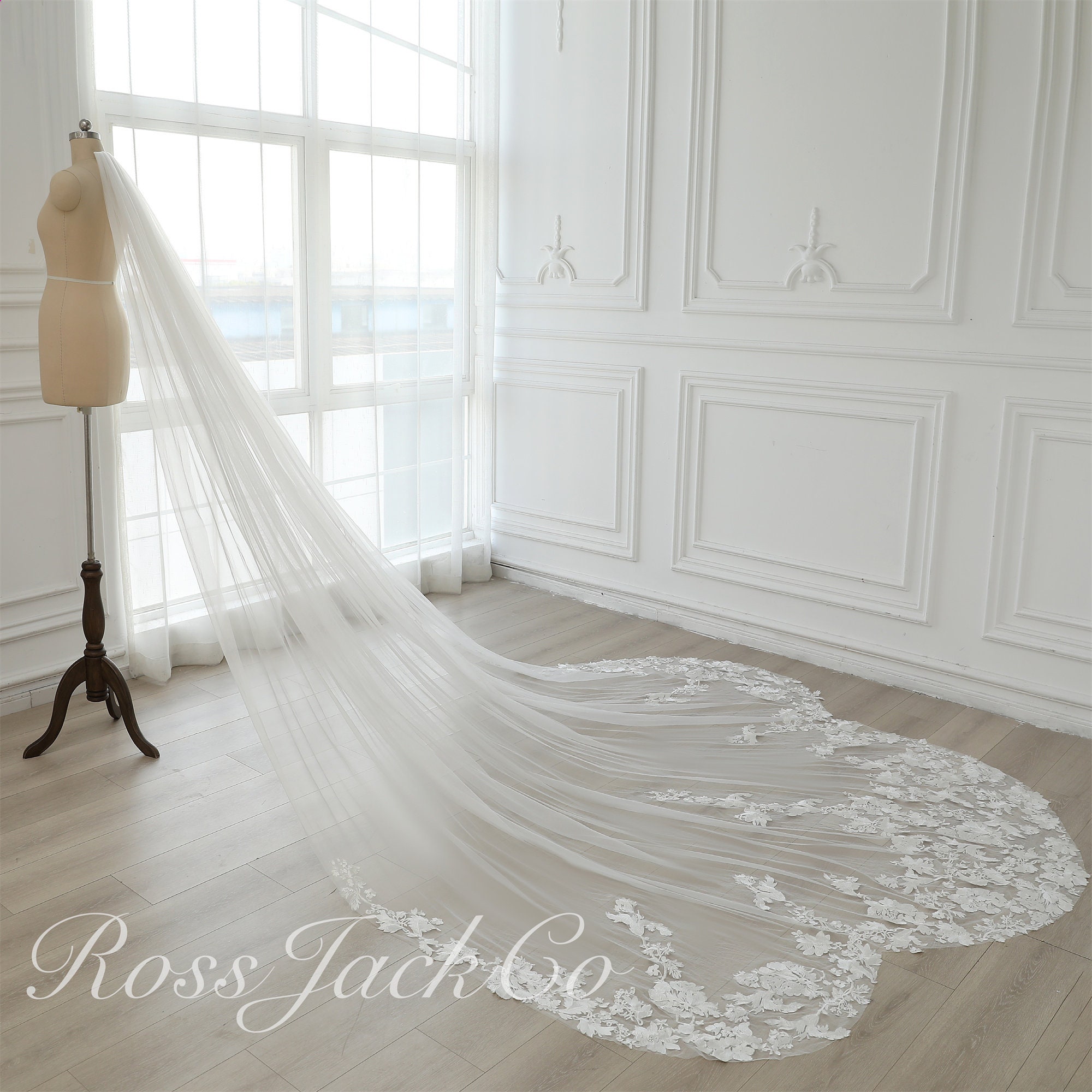 Luxury Large Trailing Fishtail Veil Velvet Lace Flower - Etsy