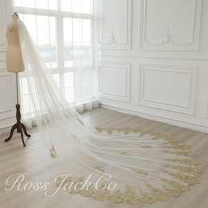 Golden Lace Trim Veil Wedding Cathedral, Shinny Lace Flower Veil With ...