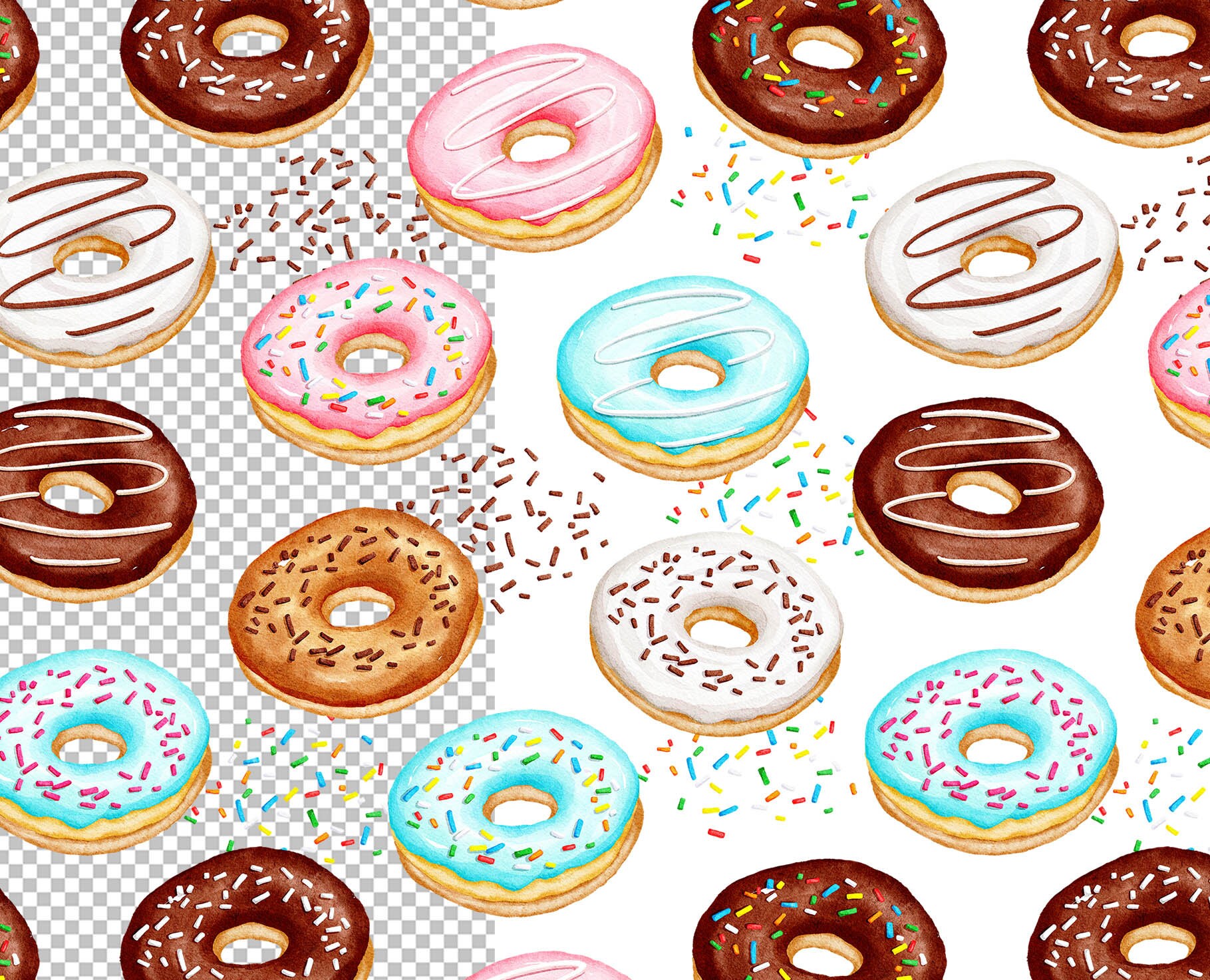 Watercolor Donut Seamless Pattern. Sprinkle Donut Paper. Digital Paper ...