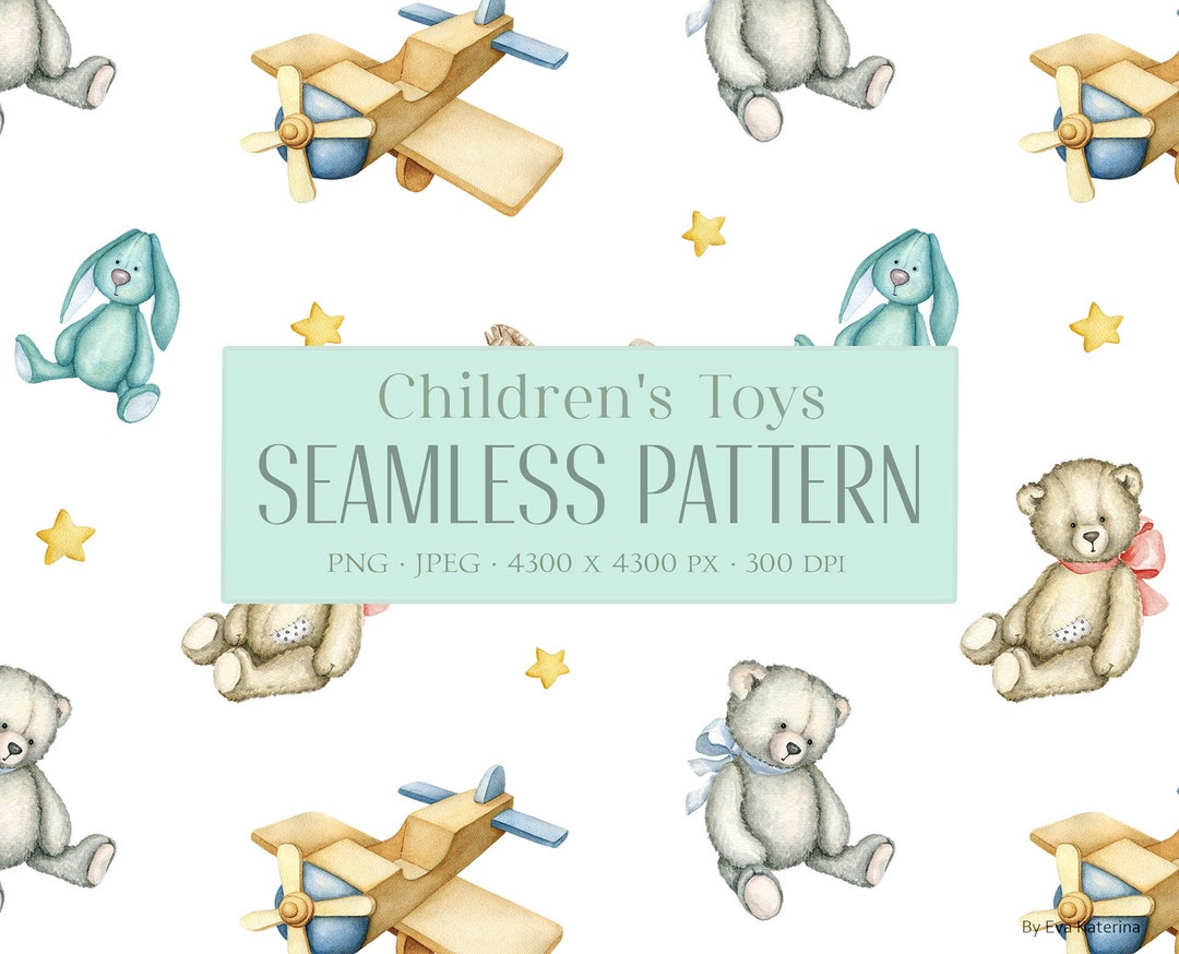 Children's Toys Seamless Pattern Watercolor Surface Pattern Teddy Bear ...